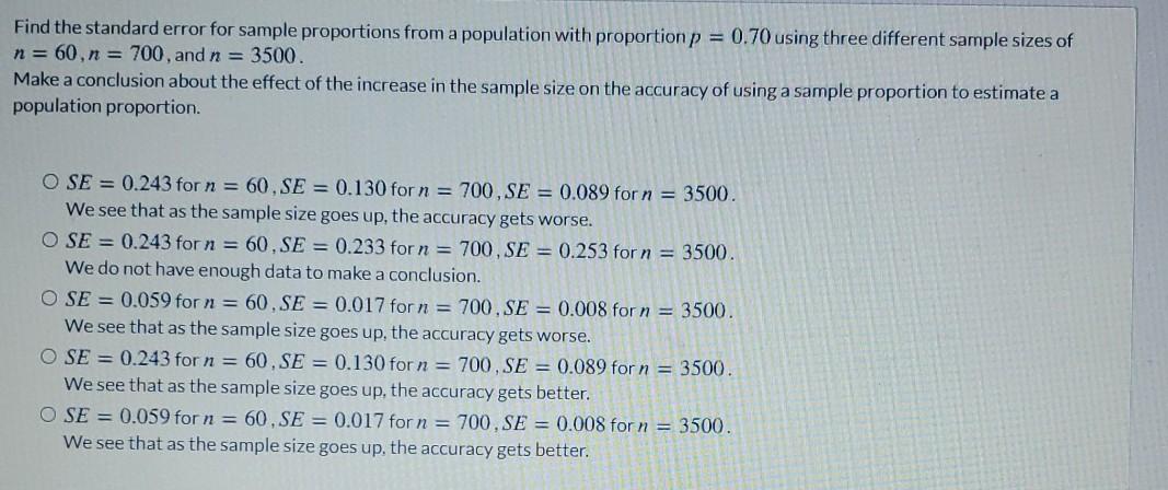 Solved Find the standard error for sample proportions from a | Chegg.com