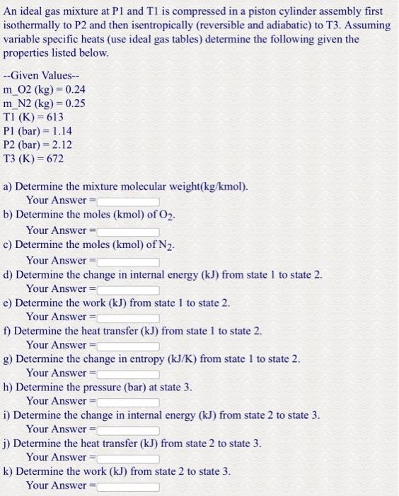 Solved An ideal gas mixture at P1 and T1 is compressed in a | Chegg.com