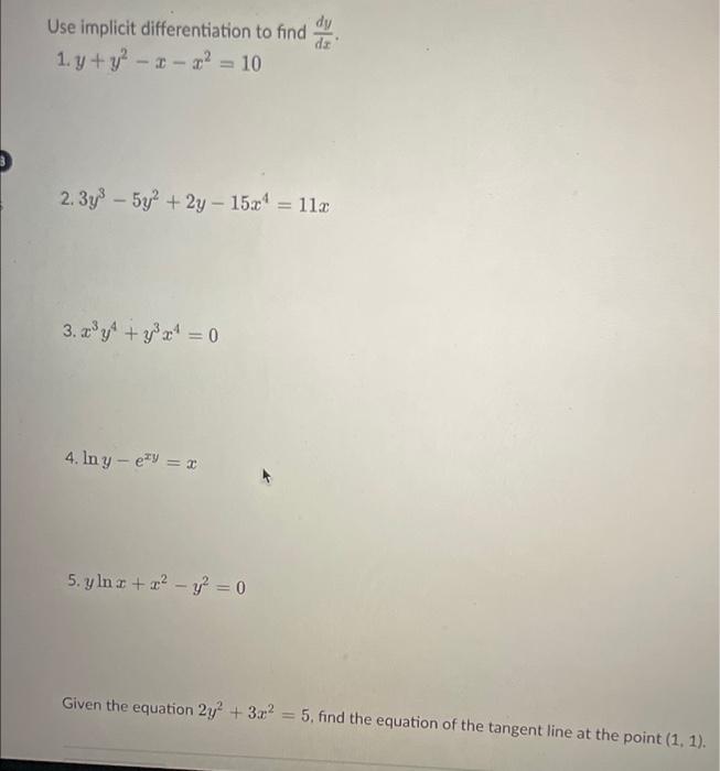 Solved Use implicit differentiation to find 1. y + y² - x - | Chegg.com