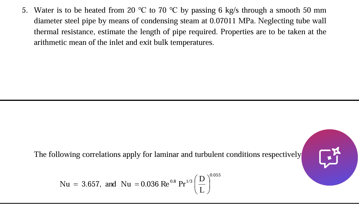 Solved Water is to be heated from 20°C ﻿to 70°C ﻿by passing | Chegg.com