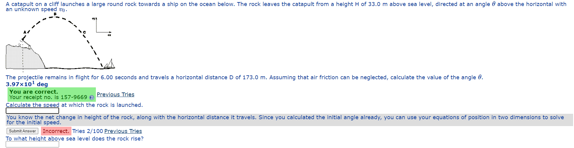 Solved A catapult on a cliff launches a large round rock | Chegg.com
