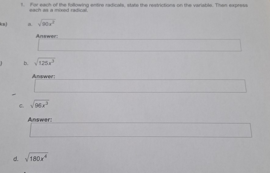 Solved For each of the following entire radicals, state the | Chegg.com