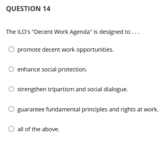 Solved QUESTION 14The ILO's "Decent Work Agenda" is designed | Chegg.com