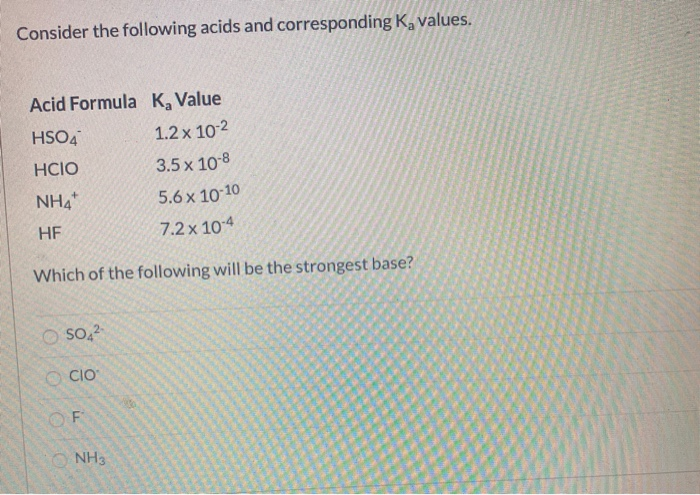 Solved Consider the following acids and corresponding K, | Chegg.com