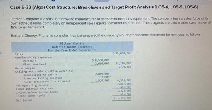 Solved Case 5-32 (Algo) Cost Structure; Break-Even and | Chegg.com