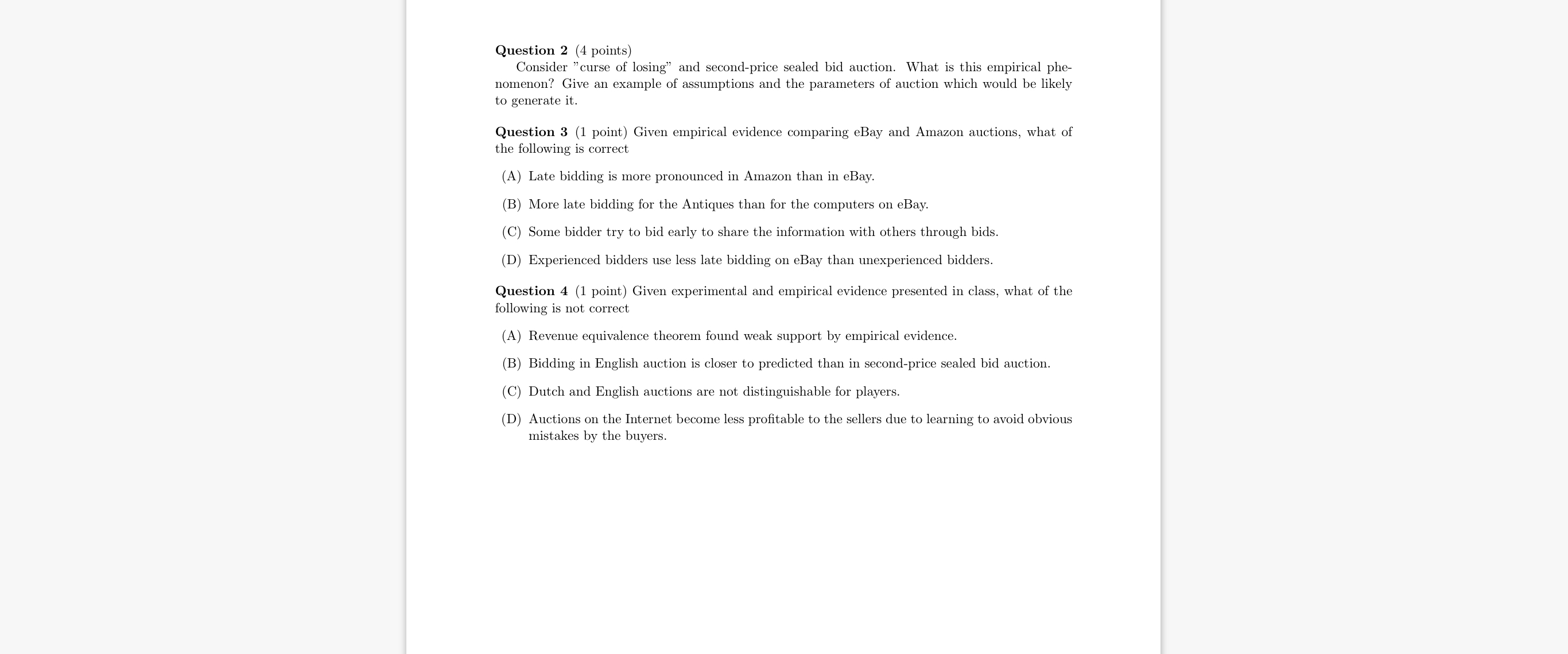 Solved Question 2 (4 ﻿points)Consider "curse of losing" and | Chegg.com