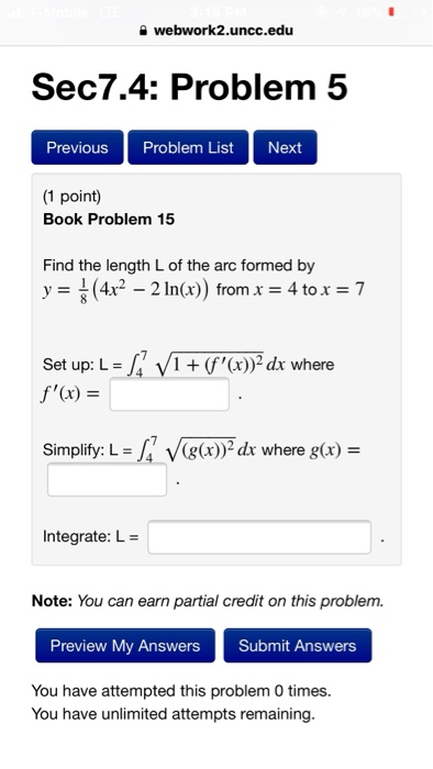 Solved webwork2.uncc.edu Sec7.4: Problem 5 Previous Problem | Chegg.com