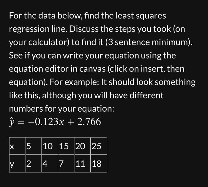 Solved For the data below, find the least squares regression | Chegg.com