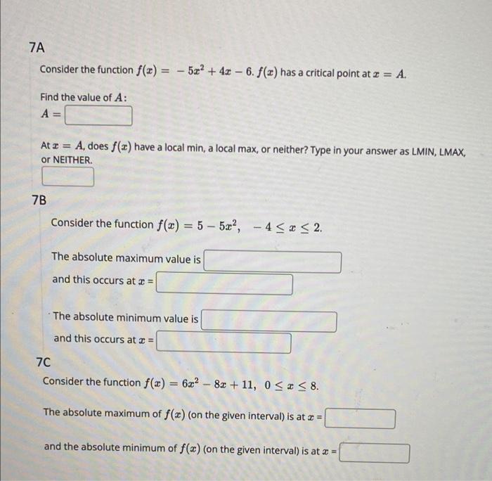 Solved 7A Consider the function f(x) = - 5x2 + 4x - 6. f(x) | Chegg.com