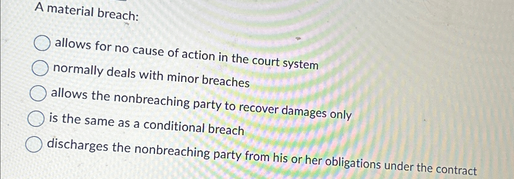 Solved A material breach:allows for no cause of action in | Chegg.com
