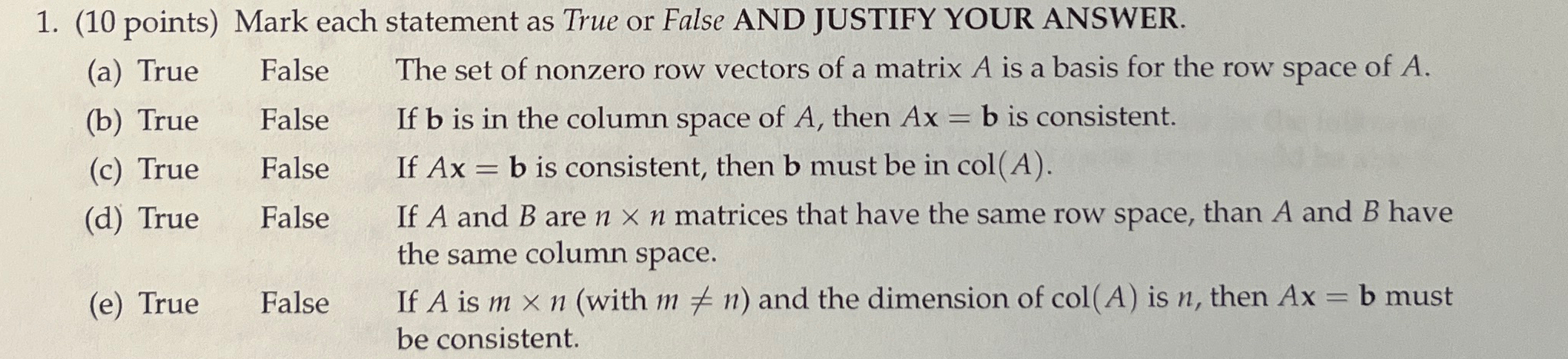 Solved (10 ﻿points) ﻿Mark each statement as True or False | Chegg.com