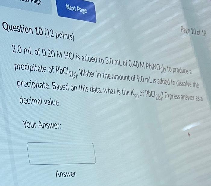 Solved Question 10 (12 points) 2.0 mL of 0.20MHCl is added | Chegg.com
