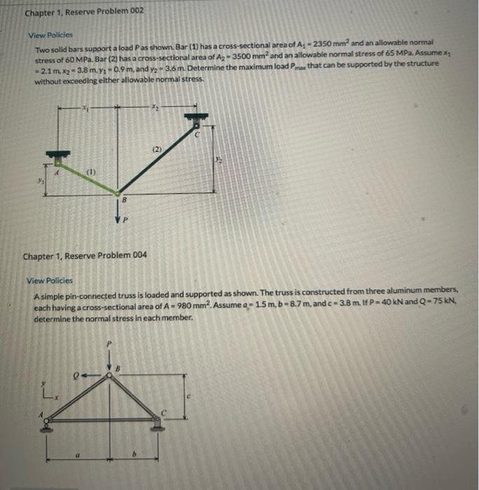 Solved View Policies Two solid bars support a lond P as | Chegg.com