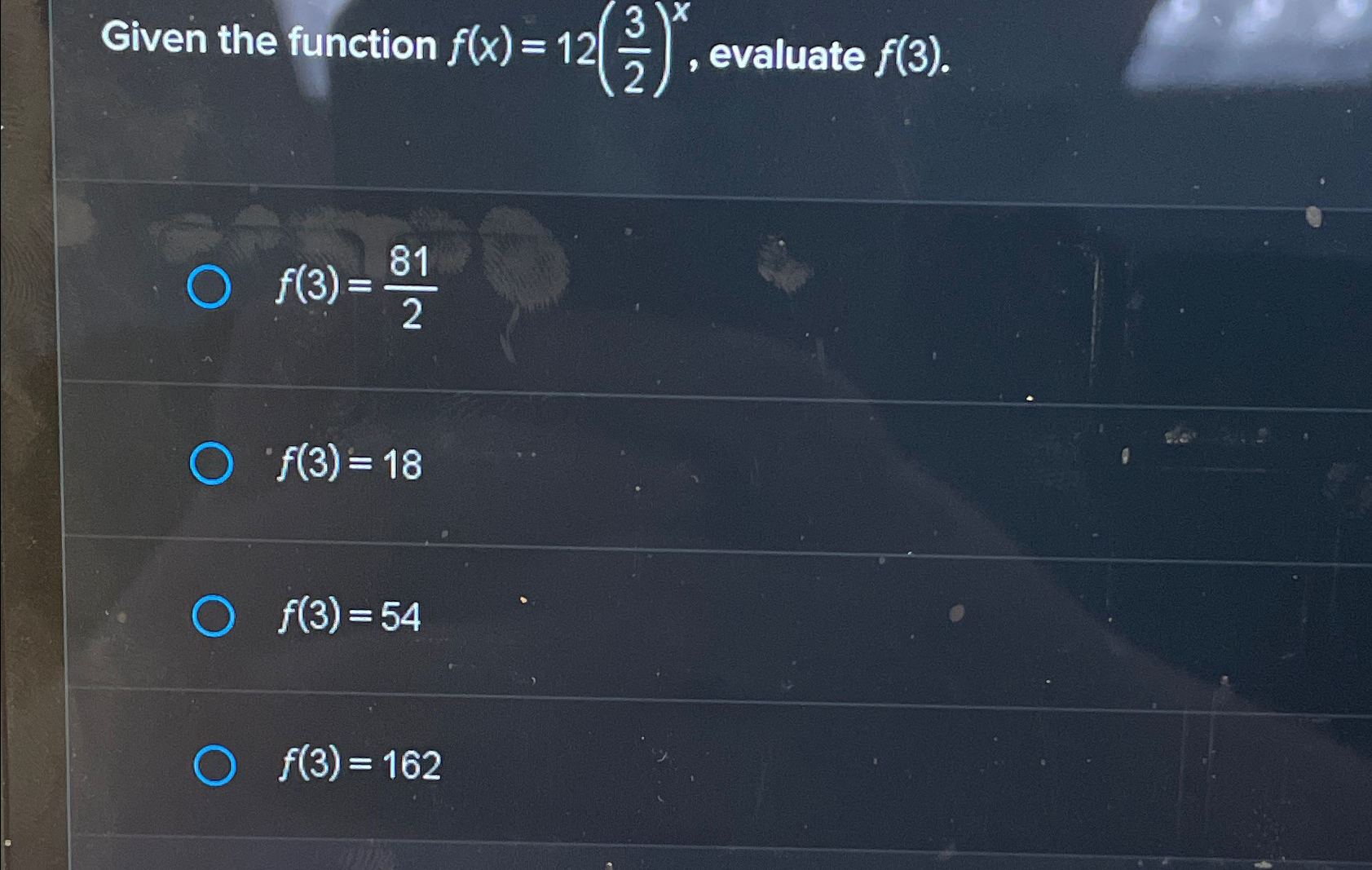 Solved Given the function f(x)=12(32)x, ﻿evaluate | Chegg.com