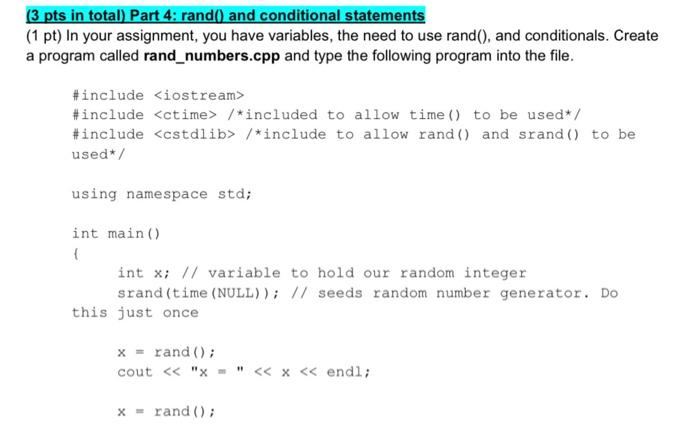 Solved pts in total) Part 4: rand() and conditional | Chegg.com