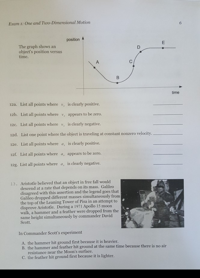 Solved Exam 1: One and Two-Dimensional Motion 6 position E D | Chegg.com