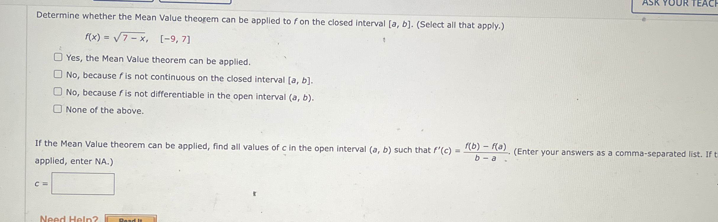 Solved ASK YOUR TEACFDetermine whether the Mean Value | Chegg.com