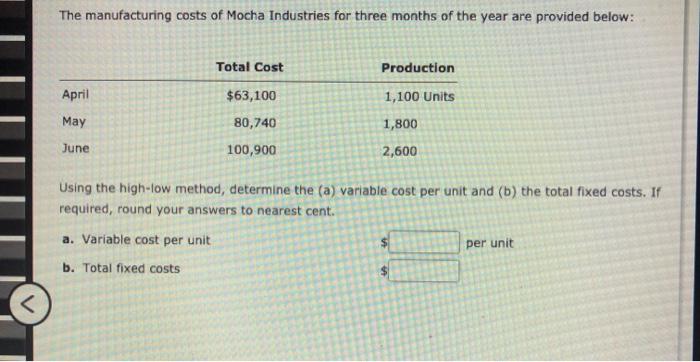 Solved The manufacturing costs of Mocha Industries for three | Chegg.com