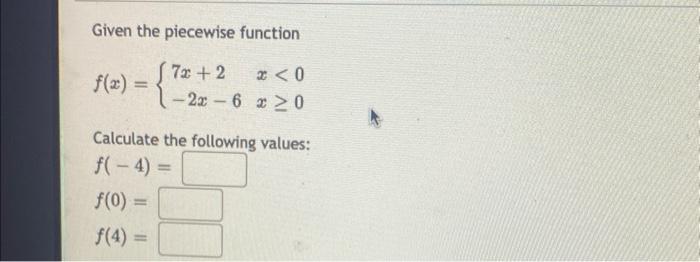 Solved Given the piecewise function f(x)={7x+2−2x−6x