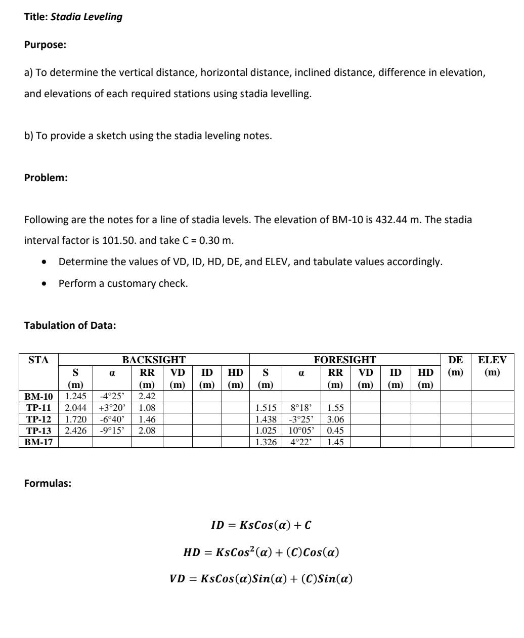 Solved Title: Stadia Leveling Purpose: a) To determine the | Chegg.com