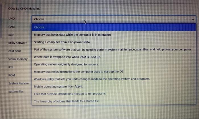Solved ODW 5e CH04 Matching UNIX Choose... RAM Choose... | Chegg.com
