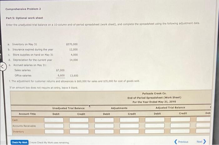 Solved Comprehensive Problem 2 Part 5: Optional work sheet | Chegg.com