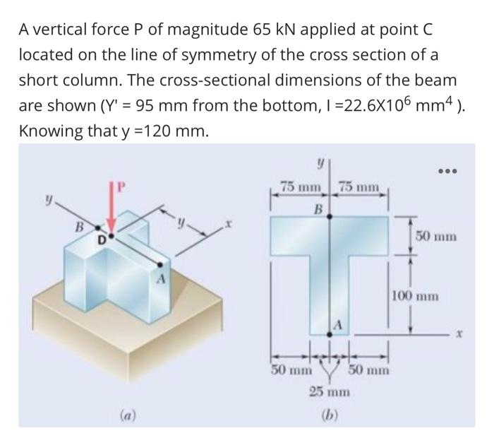 Solved A vertical force P of magnitude 65 kN applied at | Chegg.com
