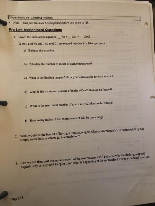 Solved Experiment 6-Limiting Reagent Note - This pre-lab | Chegg.com