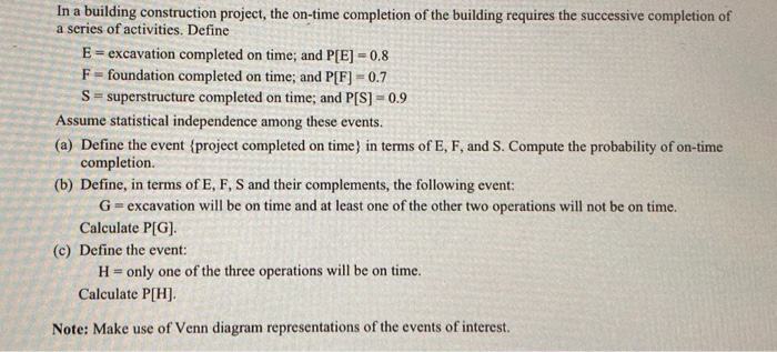Solved In a building construction project, the on-time | Chegg.com