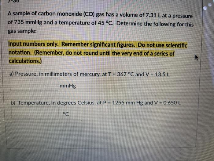 Solved A sample of carbon monoxide (CO) gas has a volume of | Chegg.com