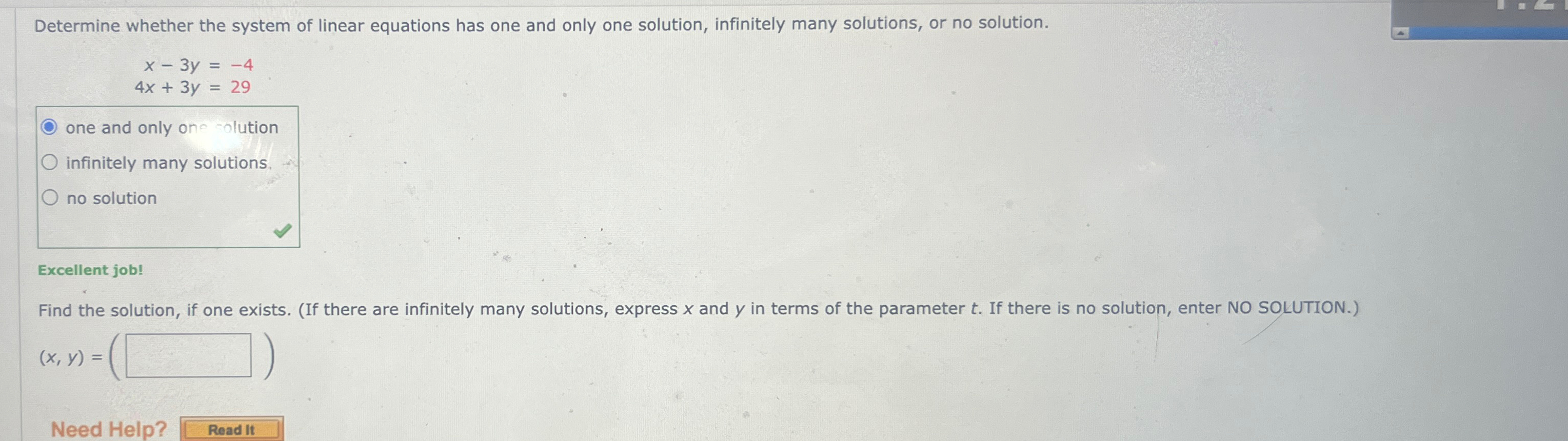 Solved Determine whether the system of linear equations has | Chegg.com