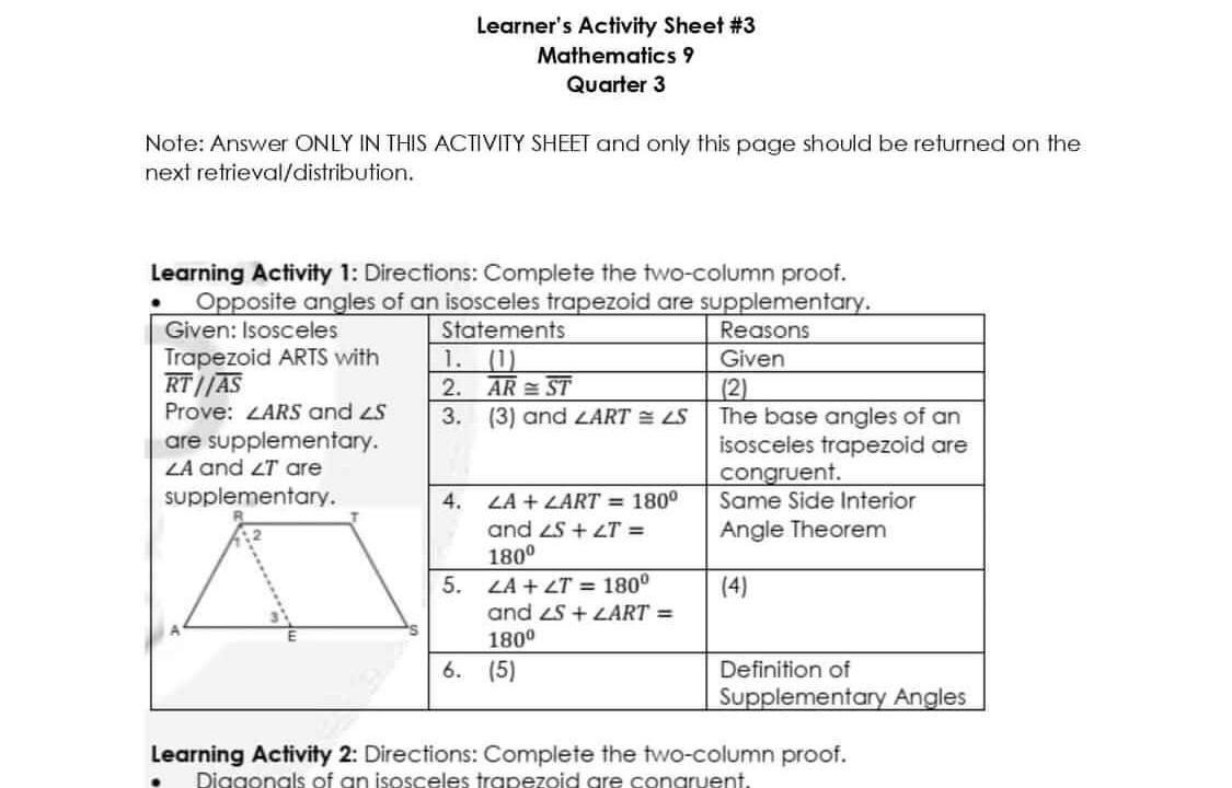 Solved Learner's Activity Sheet #3 Mathematics 9 Quarter 3 | Chegg.com