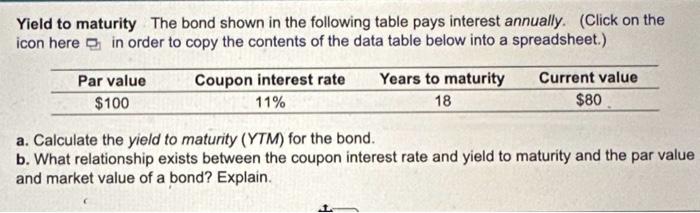 Yield to maturity. The bond shown in the following | Chegg.com