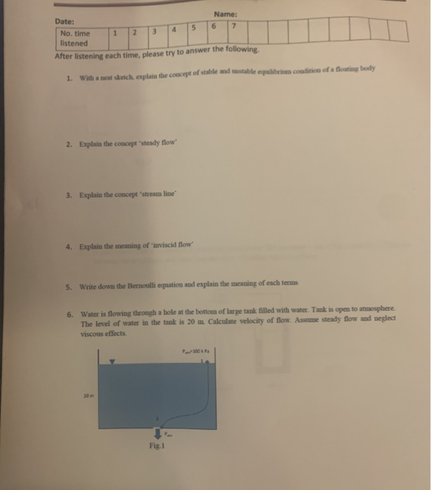 Solved Name: 6 7 5 Date: No. time listened 1 2 3 After | Chegg.com
