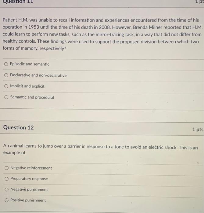 Solved Question 11 1 pt Patient H.M. was unable to recall | Chegg.com
