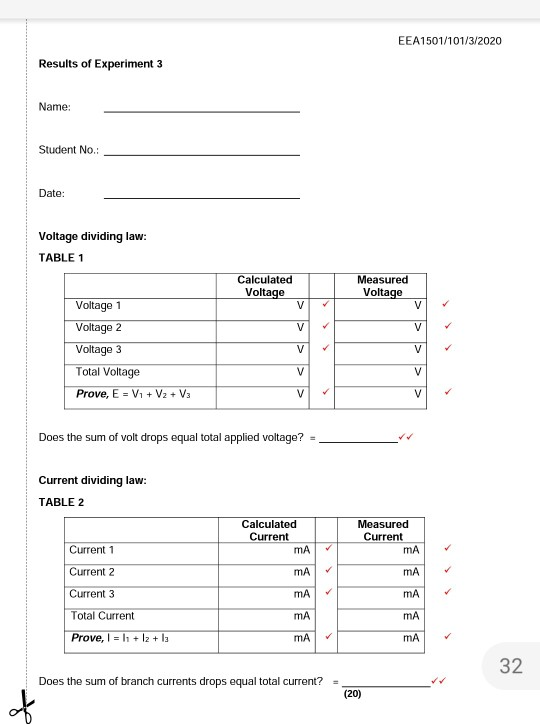 Solved EEA1501/101/3/2020 Results of Experiment 3 Name: | Chegg.com