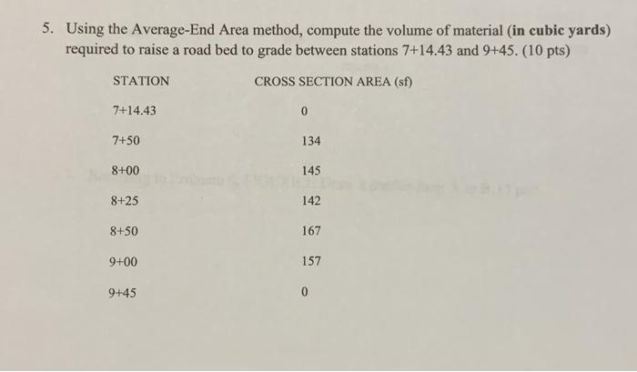 Solved 5. Using the Average-End Area method, compute the | Chegg.com