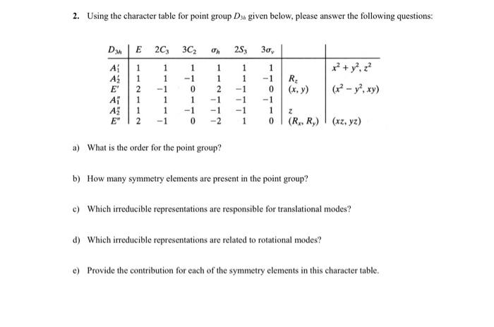 Solved 2. Using the character table for point group D3h | Chegg.com