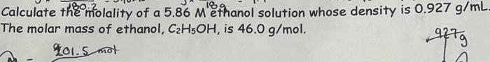 Solved Calculate the molality of a 5.86 M ethanol solution | Chegg.com