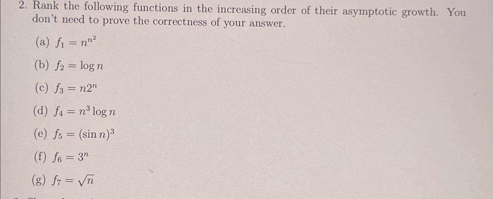Solved Rank the following functions in the increasing order | Chegg.com