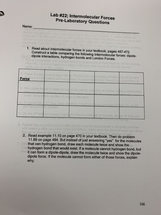 Solved Lab #22; Intermolecular Forces Pre-Laboratory | Chegg.com