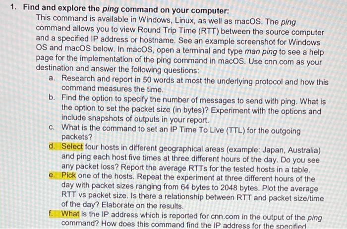 Solved Find and explore the ping command on your computer: | Chegg.com