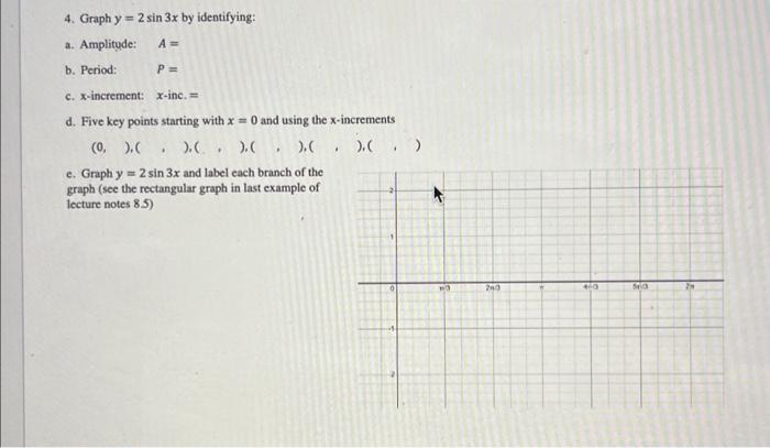 4. Graph y=2sin3x by identifying: a. Amplitude: A= b. | Chegg.com