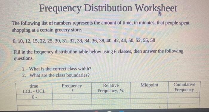 Solved Frequency Distribution Worksheet The following list | Chegg.com