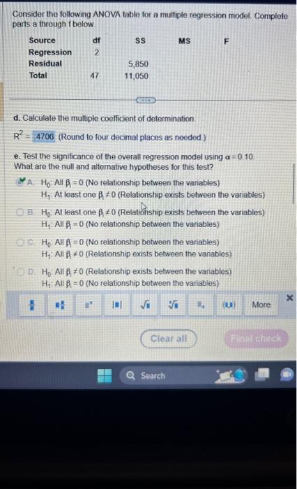 Solved Consider the following ANOVA table for a multiple | Chegg.com