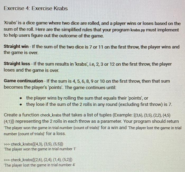 Solved Exercise 4: Exercise Krabs 'Krabs' is a dice game | Chegg.com