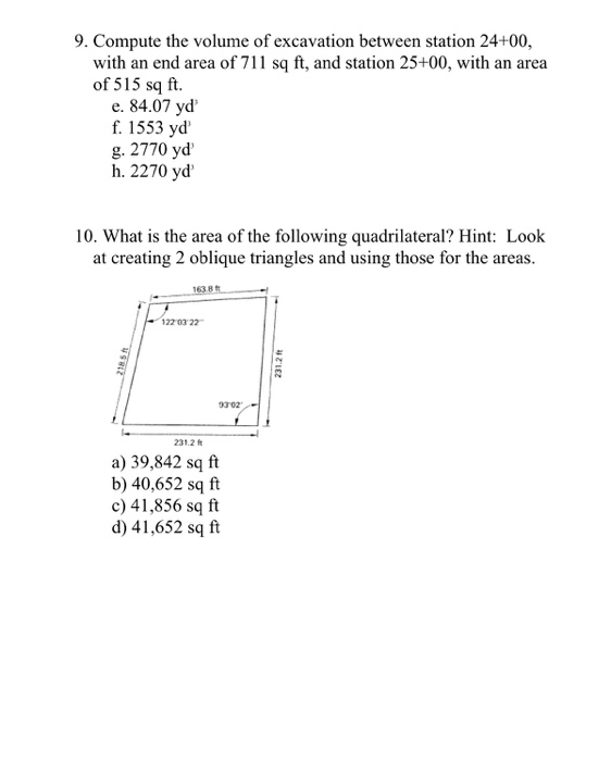 Solved 9. Compute the volume of excavation between station | Chegg.com