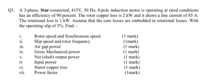 Solved Q3. A 3-phase, Star-connected, 415V, 50 Hz, 8-pole | Chegg.com
