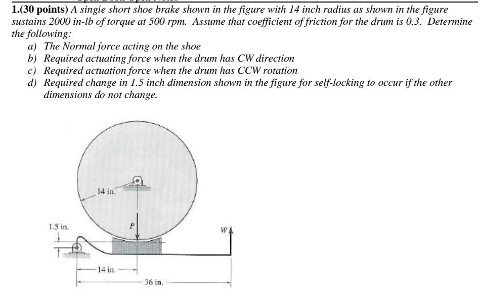 Solved 1.(30 points) A single short shoe brake shown in the | Chegg.com