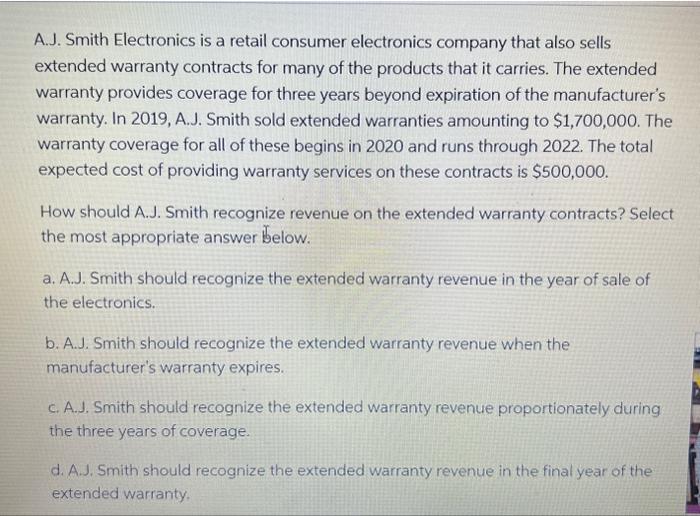 Solved A.J. Smith Electronics is a retail consumer | Chegg.com